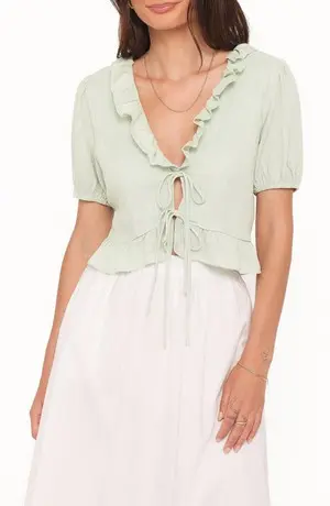 PETAL & PUP Tie Front Puff Sleeve Crop Top - Sage