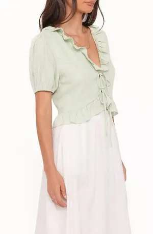 PETAL & PUP Tie Front Puff Sleeve Crop Top - Sage