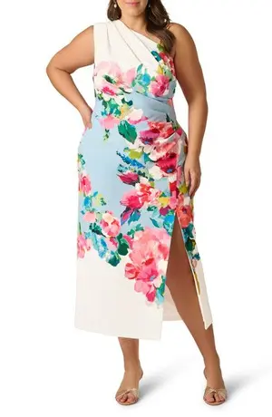 Adrianna Papell Print One-shoulder Gown