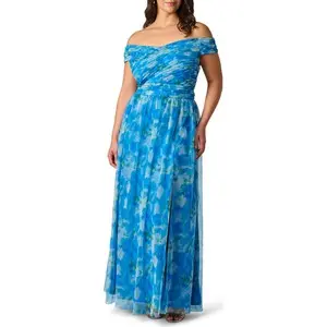 Adrianna Papell Off-the-shoulder Tulle Gown - Blue Multi