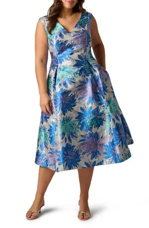 Adrianna Papell Jacquard Sleeveless Midi Dress - Blue Multi
