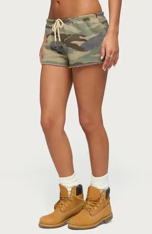 EDIKTED Camo Print Raw Hem Drawstring Shorts