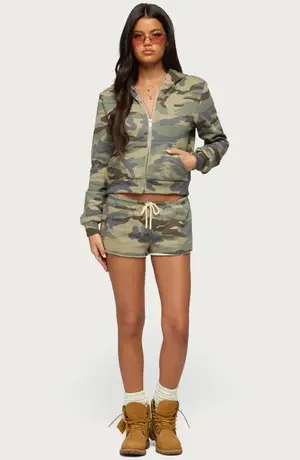 EDIKTED Camo Print Raw Hem Drawstring Shorts