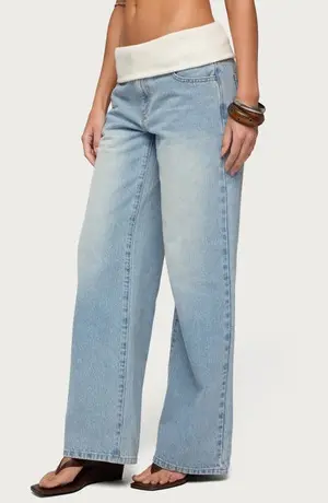 EDIKTED Knit Foldover Low Rise Baggy Jeans