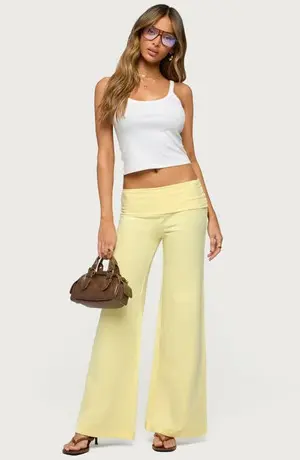 EDIKTED Wide Leg Foldover Pants - Yellow