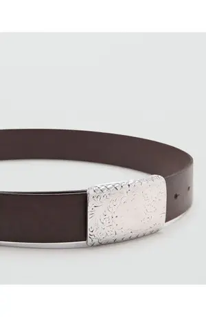 Mango Engraved Buckle Leather Belt