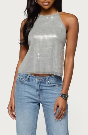 EDIKTED Sequin Open Back Halter Top