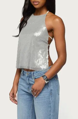 EDIKTED Sequin Open Back Halter Top