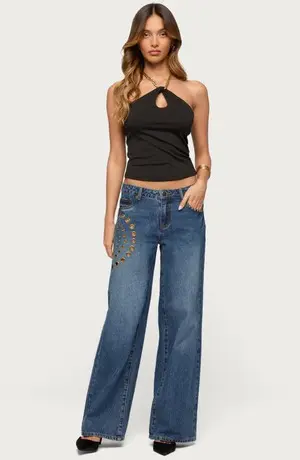EDIKTED Beaded Strap Keyhole Halter Top