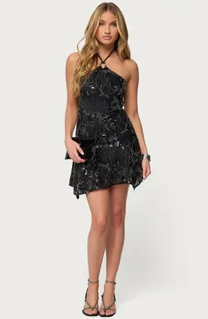 EDIKTED Adria Beaded Sequin Halter Mini Dress - Black