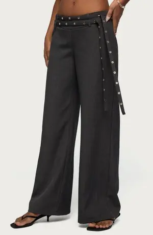 EDIKTED Low Rise Wide Leg Pants With Studded Belts