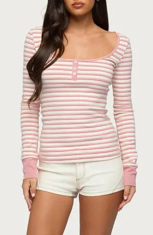 EDIKTED Stripe Stretch Cotton Henley Top - Pink