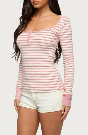 EDIKTED Stripe Stretch Cotton Henley Top - Pink