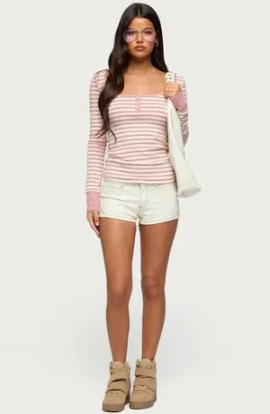 EDIKTED Stripe Stretch Cotton Henley Top - Pink