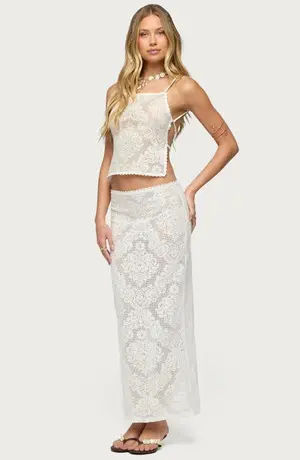 EDIKTED Low Rise Sheer Lace Maxi Skirt