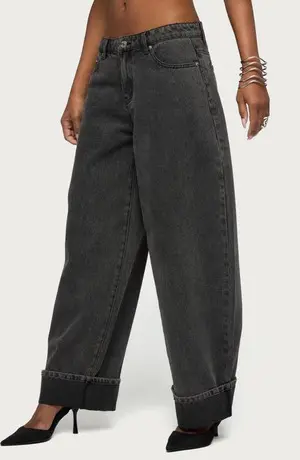 EDIKTED Low Rise Baggy Wide Leg Cuffed Jeans - Black-washed