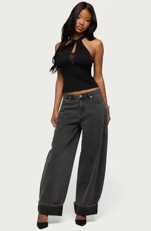 EDIKTED Low Rise Baggy Wide Leg Cuffed Jeans - Black-washed