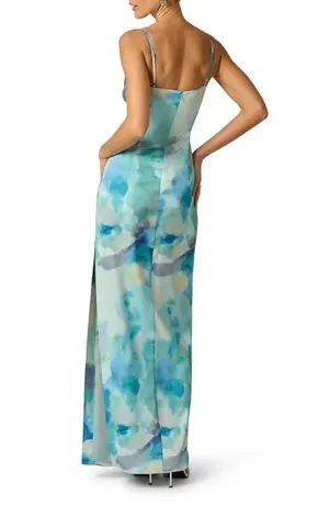 Adrianna Papell Watercolor Print Satin Maxi Dress