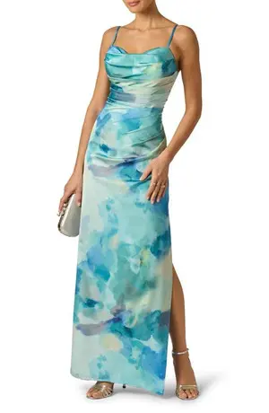 Adrianna Papell Watercolor Print Satin Maxi Dress