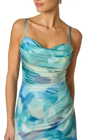 Adrianna Papell Watercolor Print Satin Maxi Dress