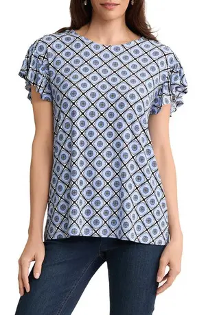 Jones New York Printed Flutter Sleeve Top