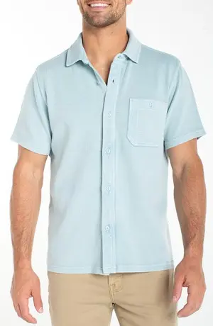 LIVERPOOL Short Sleeve Piqué Knit Button-up Shirt - Blue Aura