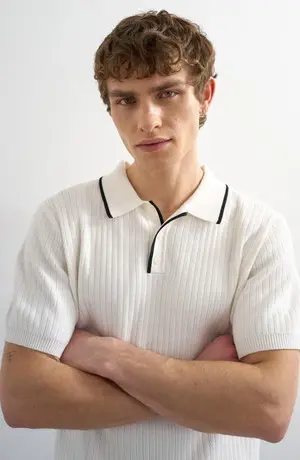 Topman Tipped Rib Cotton Polo Sweater - Ecru