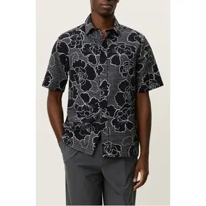 LES DEUX Charlie Poppy Pattern Short Sleeve Knit Cotton Blend Button-up Shirt - Blackdnu