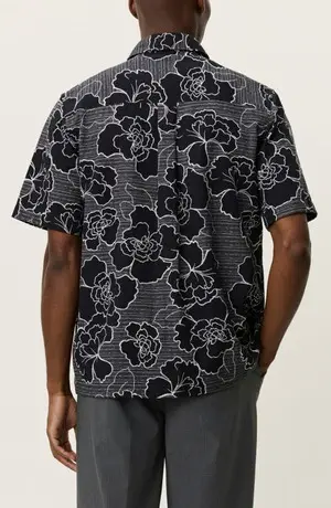 LES DEUX Charlie Poppy Pattern Short Sleeve Knit Cotton Blend Button-up Shirt - Blackdnu