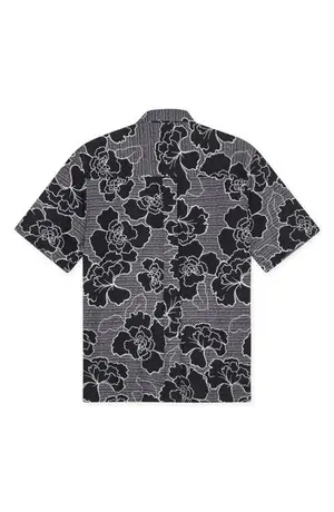 LES DEUX Charlie Poppy Pattern Short Sleeve Knit Cotton Blend Button-up Shirt - Blackdnu