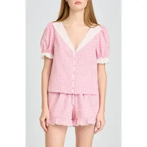WAYF Emma Eyelet-trim Plaid Button-up Top - Pink