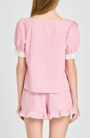 WAYF Emma Eyelet-trim Plaid Button-up Top