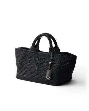 Prada Large Crochet Tote Bag With Leather Details - Black