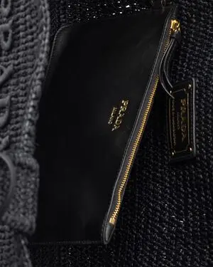 Prada Large Crochet Tote Bag With Leather Details - Black