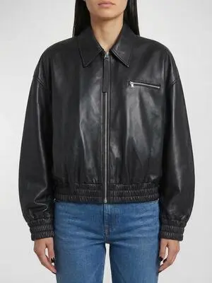 JIL SANDER Leather Bomber Jacket - Black