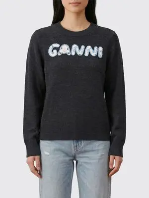 GANNI Crewneck Sweater With Embellished Logo - Charcoal