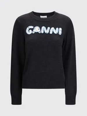 GANNI Crewneck Sweater With Embellished Logo - Charcoal