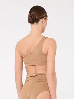 Max Mara Shiny Jersey One-shoulder Bikini Top - Camel