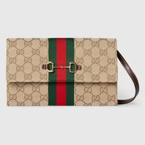 Gucci Horsebit Web Wallet With Strap Gg Canvas - Beige