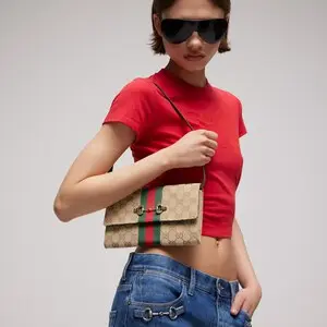 Gucci Horsebit Web Wallet With Strap Gg Canvas - Beige