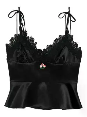 Cynthia Rowley Satin Lace Peplum Top - Black