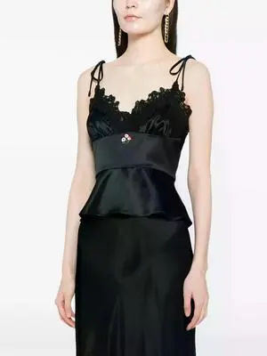 Cynthia Rowley Satin Lace Peplum Top - Black