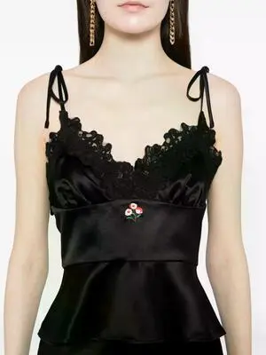 Cynthia Rowley Satin Lace Peplum Top - Black