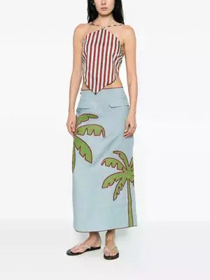 Farm Rio Embroidered Palm-tree Midi Skirt - Blue