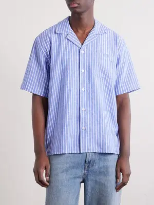 CORRIDOR Camp-collar Striped Linen And Cotton-blend Shirt - Blue