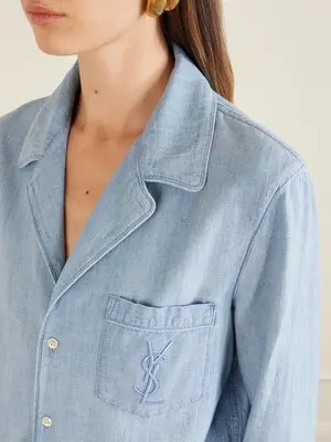 Saint Laurent Cassandre Logo-embroidered Cotton-chambray Shirt