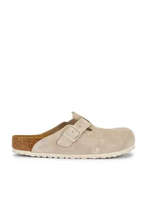 BIRKENSTOCK Boston Suede Clogs With Buckle Closure - Oyster