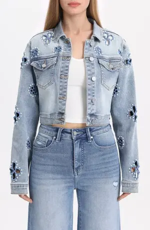 BAYEAS Crop Denim Trucker Jacket - Celeste