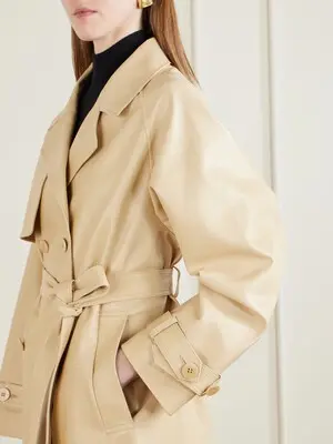 Nour Hammour Double-breasted Belted Leather Trench Coat - Yellow