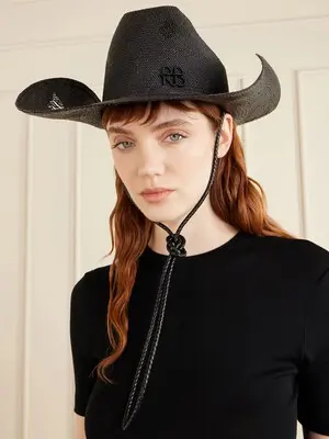 Ruslan Baginskiy Cowboy Distressed Leather-trimmed Embroidered Straw Hat - Black